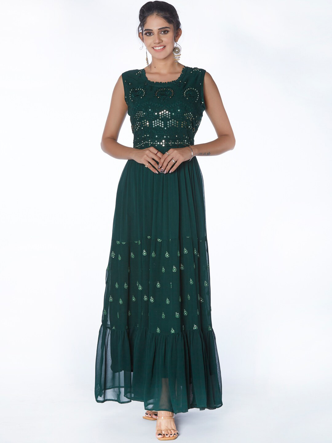 Buy Taruni Women Green Embroidered Mirror Work Maxi Ethnic Dress ...