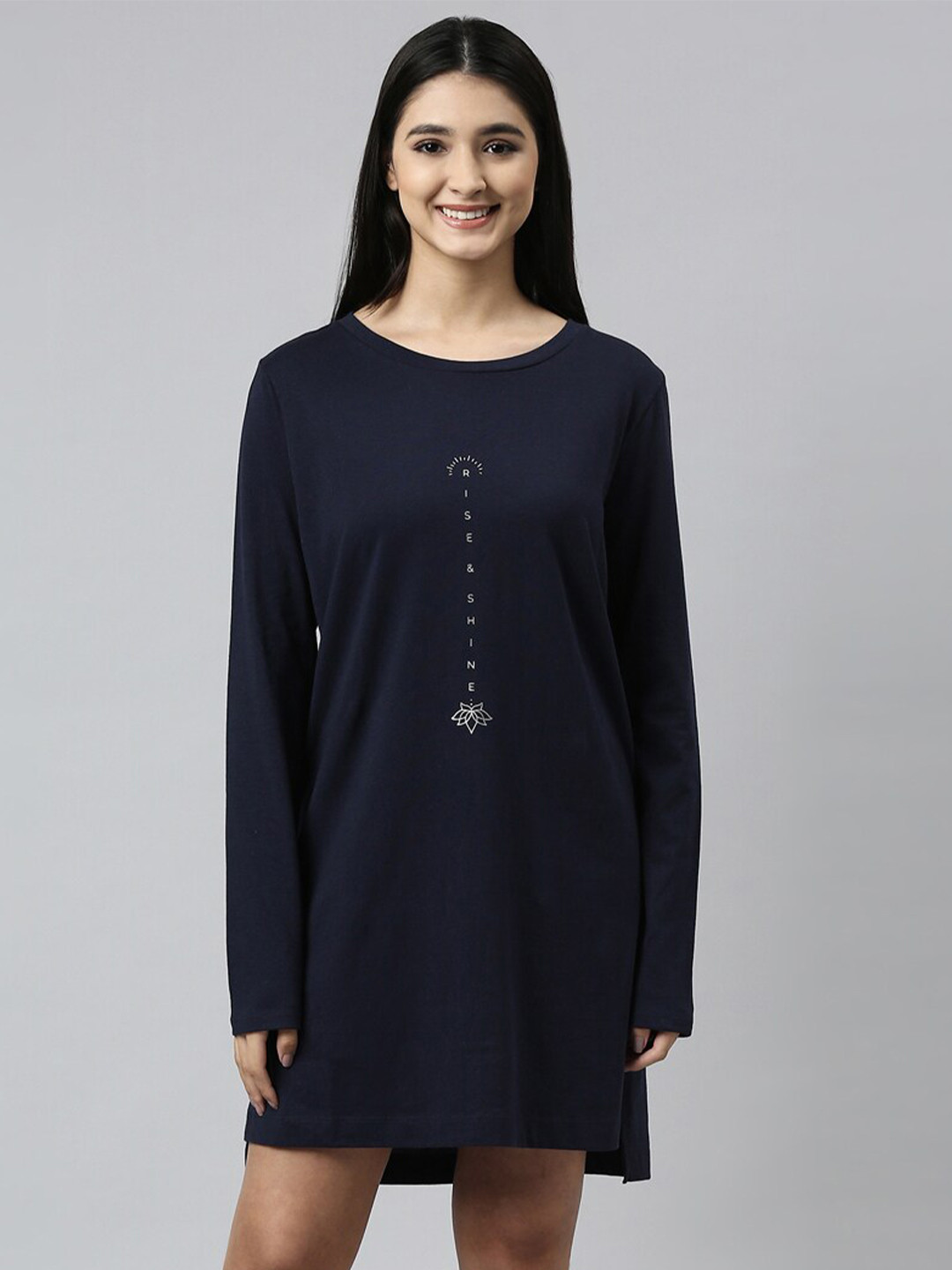 Buy Enamor Women Relaxed Fit Crew Neck Cotton Tunic With Side Slits ...