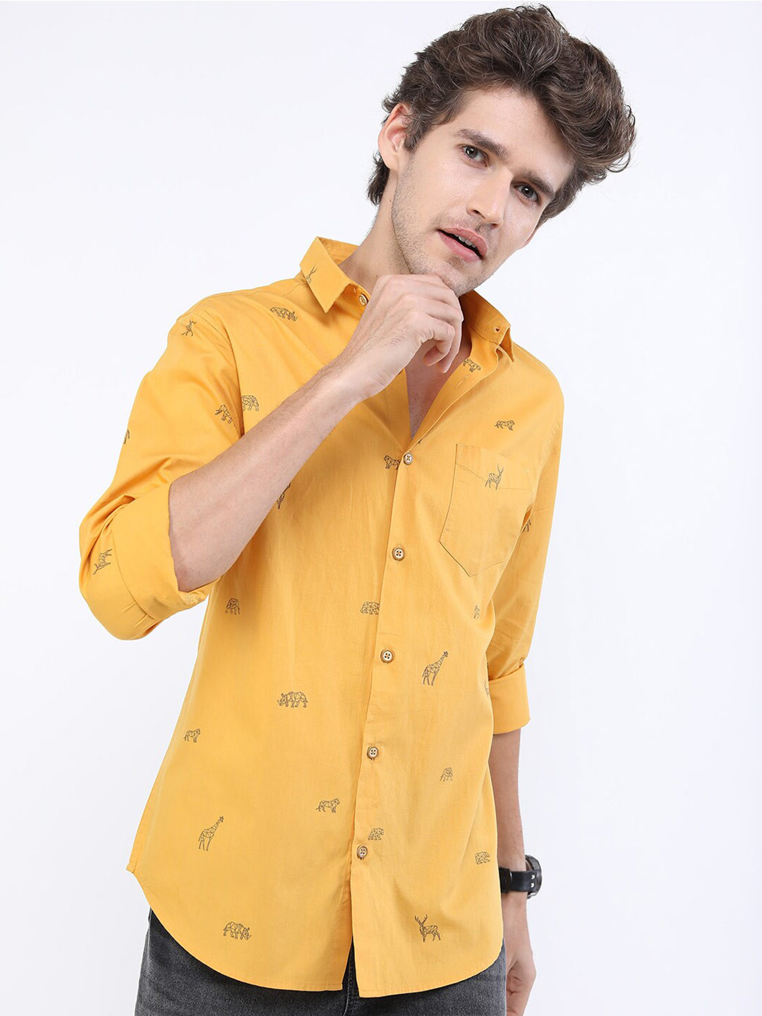 Buy HIGHLANDER Men Yellow Printed Cotton Slim Fit Casual Shirt - Shirts ...