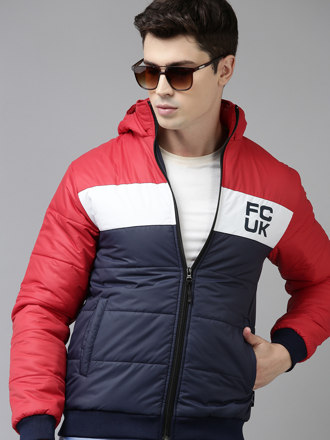 Buy French Connection Men Navy Blue & Red Colourblocked Puffer Jacket ...
