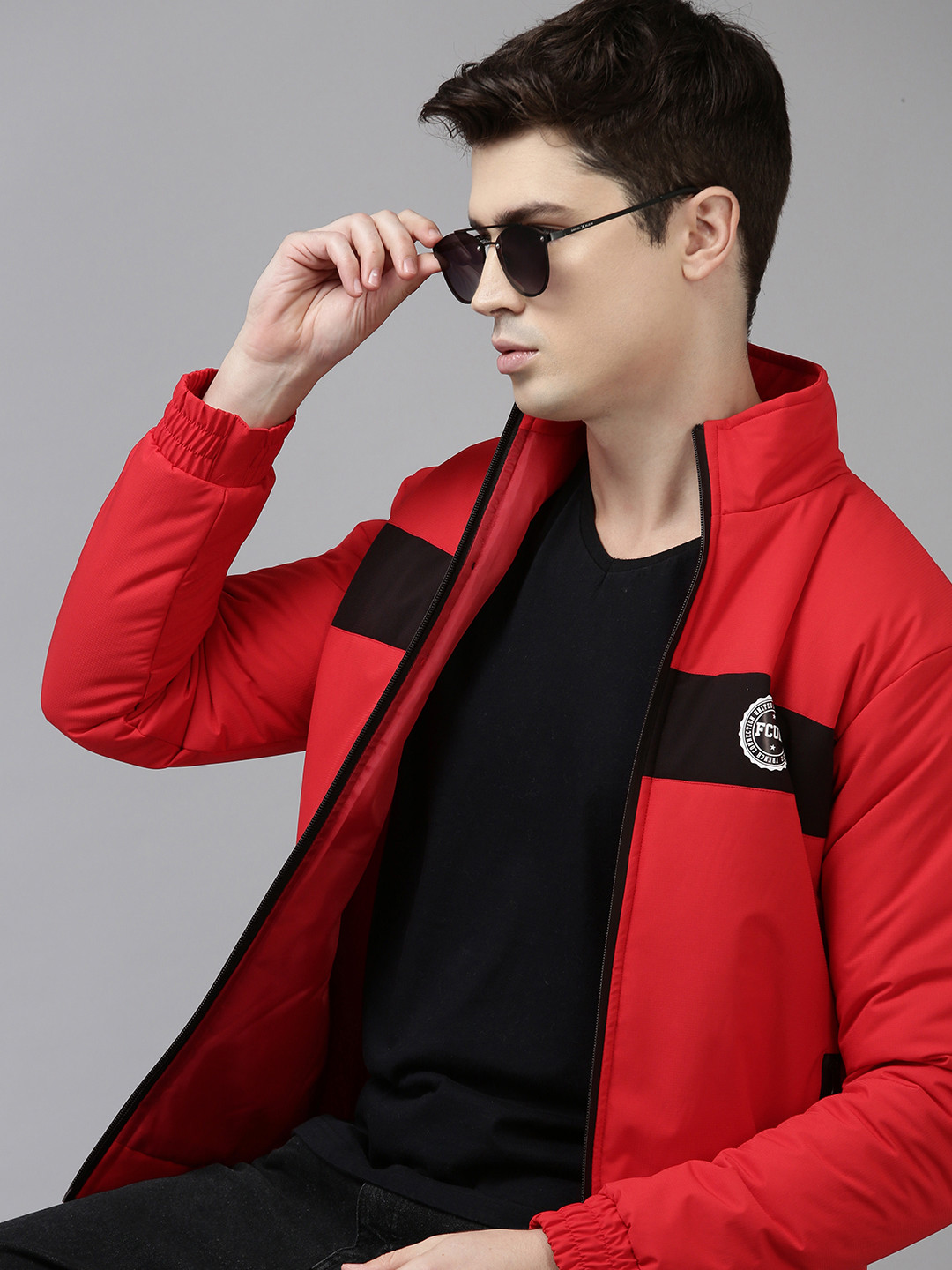 Buy French Connection Men Red & Black Colourblocked Puffer Jacket ...