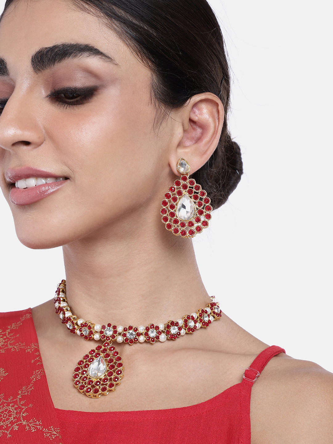 Buy Peora Gold Plated Maroon Kundan Choker Necklace With Earrings ...