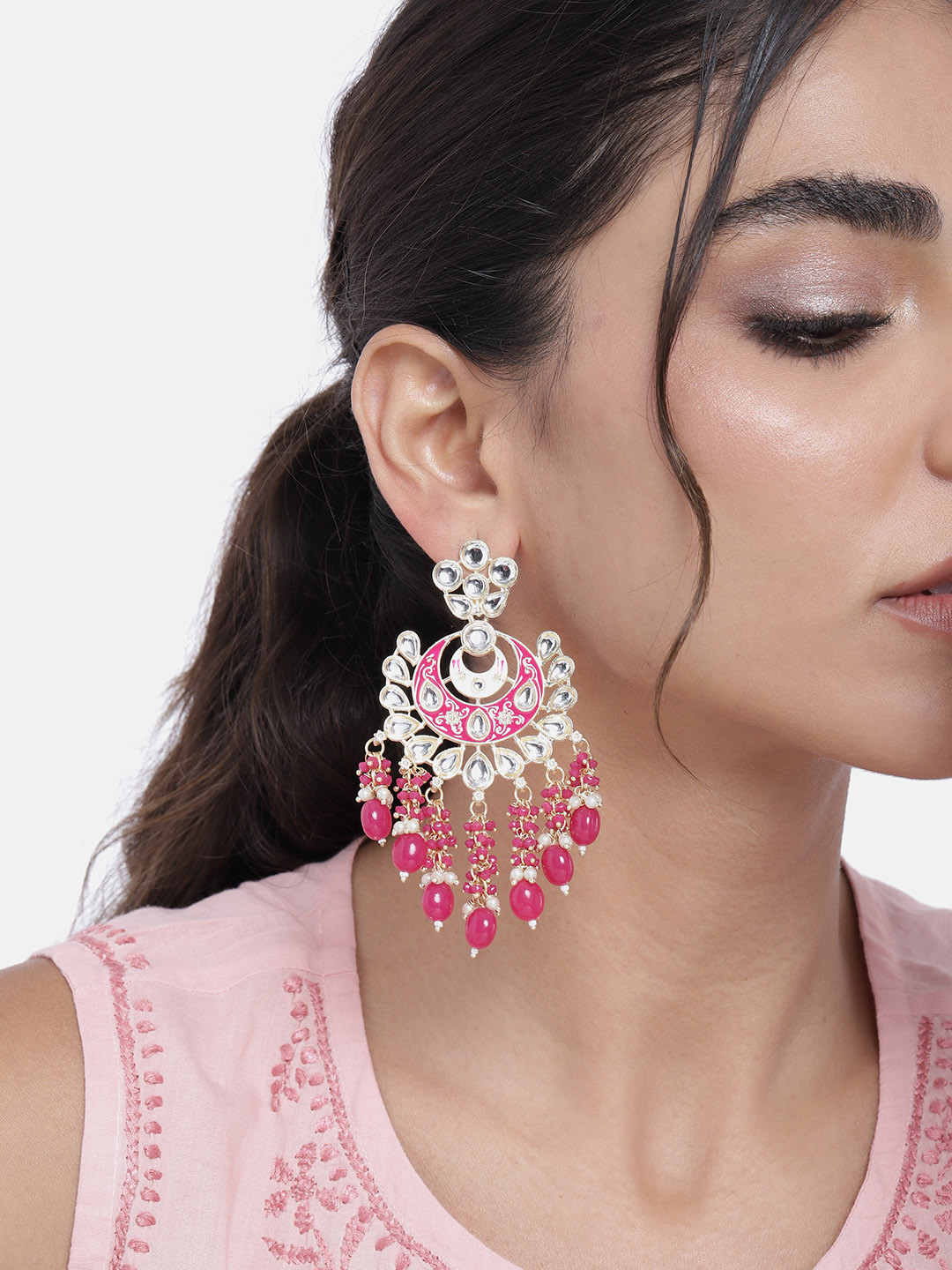 Buy Peora Pink Enamel Meenakari Traditional Chandbali Glided With ...