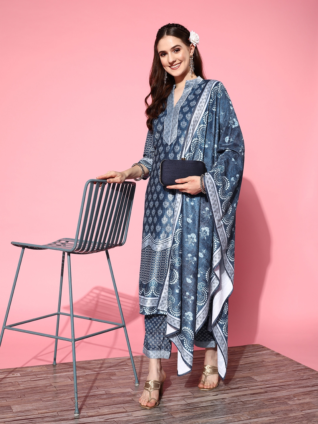 Buy Libas Blue And White Ethnic Motifs Print Velvet Kurta With Palazzos