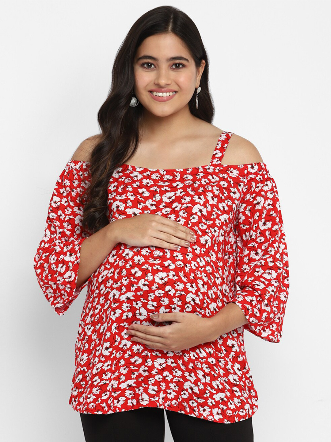 Buy Momsoon Maternity Women Red & White Floral Print Bardot Top - Tops ...
