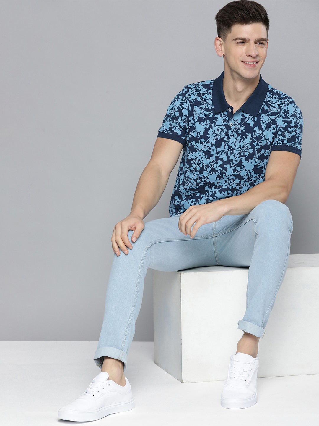 Buy Mast And Harbour Men Navy Blue Floral Printed Polo Collar Pure Cotton