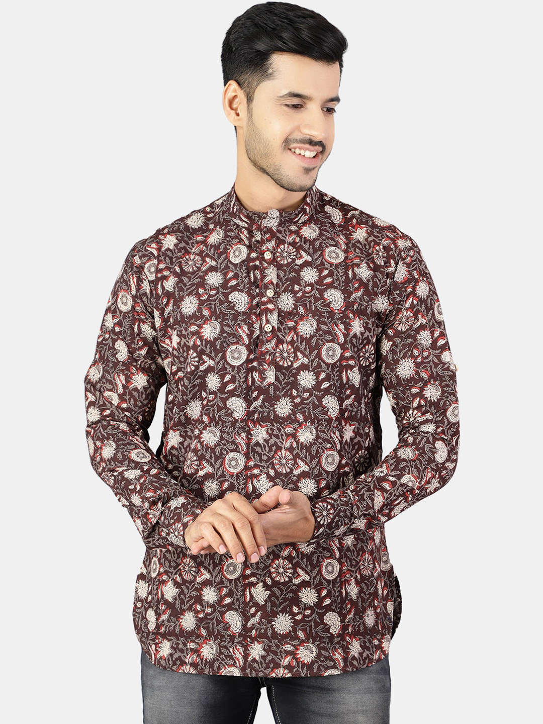 Buy Wintage Men Brown Floral Printed Floral Kurta - Kurtas for Men ...