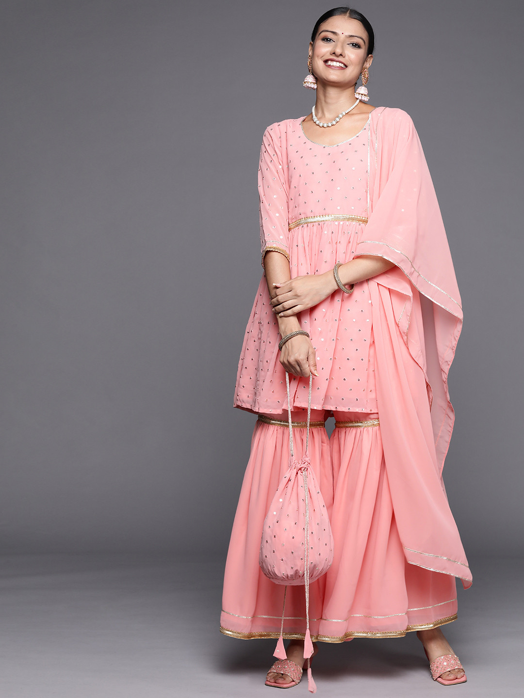 Buy Libas Women Peach Coloured Sequinned Embellished Kurta With Sharara ...