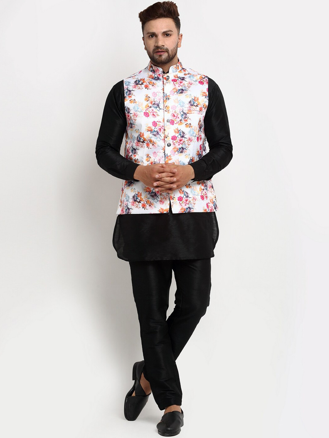 Buy Benstoke Men Black Kurta Pyjamas With Printed Nehru Jacket - Kurta ...