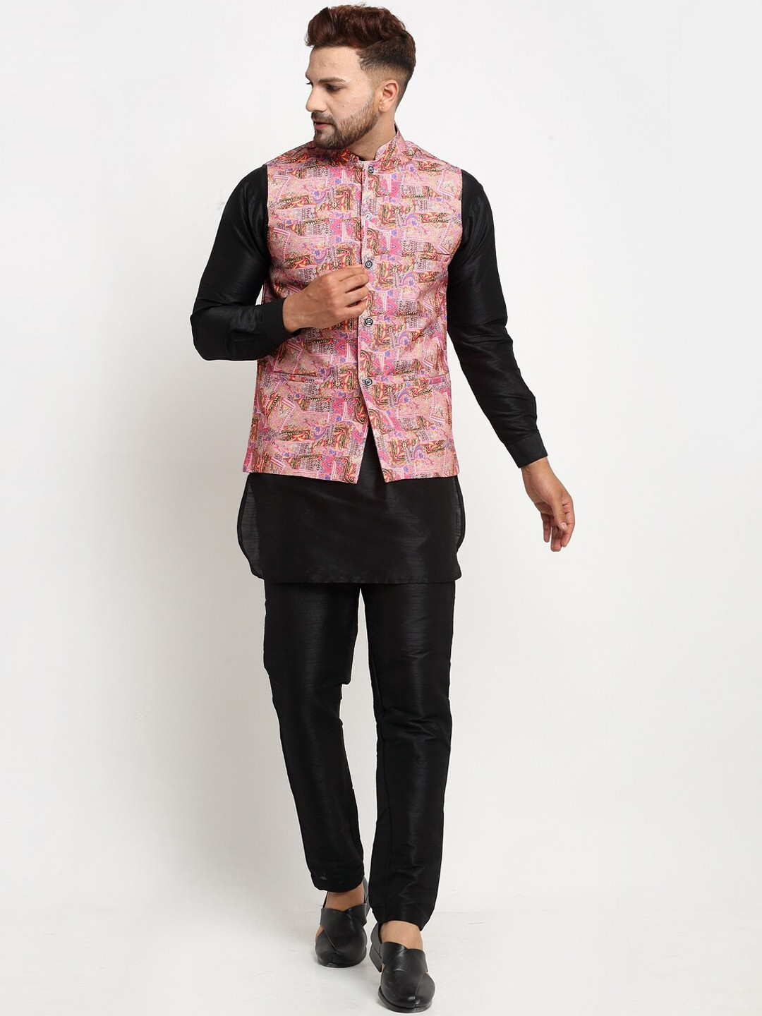 Buy Benstoke Men Black Kurta Set Pink Printed Nehru Jacket - Kurta Sets ...