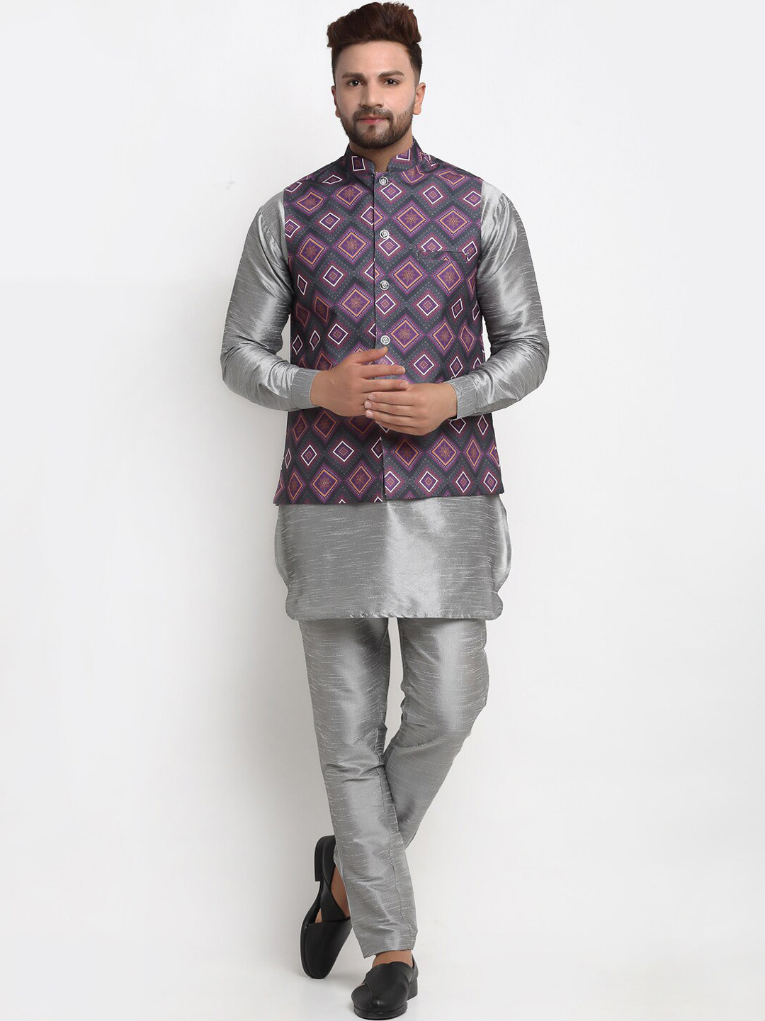 Buy Benstoke Men Grey Kurta With Pyjamas & Nehru Jacket Set - Kurta ...