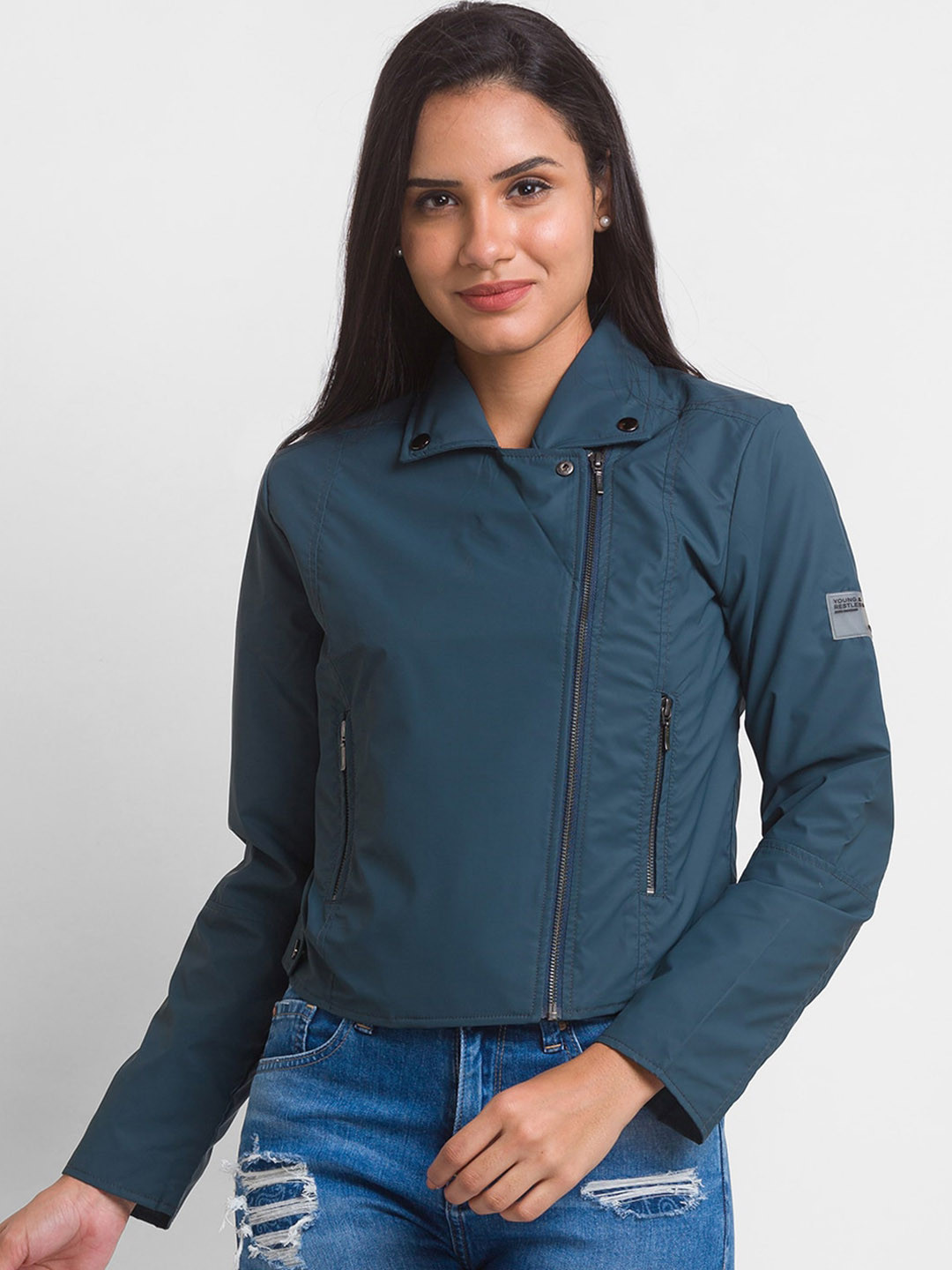 Buy SPYKAR Women Teal Blue Crop Tailored Jacket - Jackets for Women 19659562 | Myntra