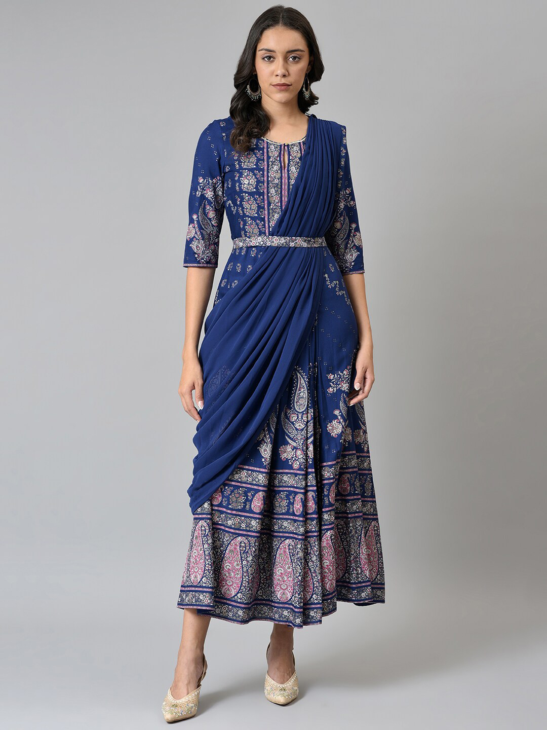 Buy W Blue & Silver Toned Ethnic Motifs Ethnic Maxi Dress - Ethnic ...