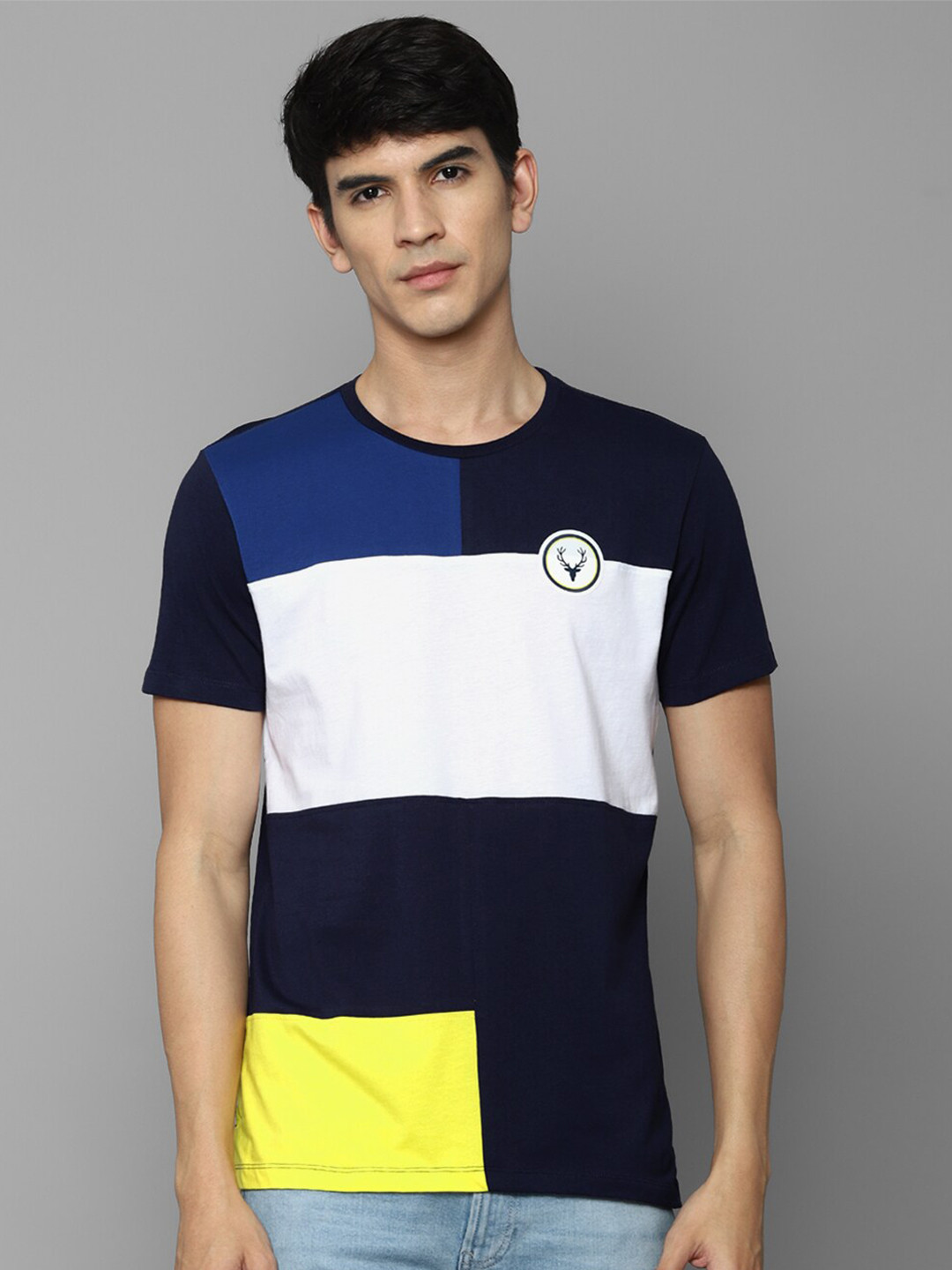 Buy Allen Solly Men Navy Blue & Black Colourblocked Slim Fit Cotton T ...