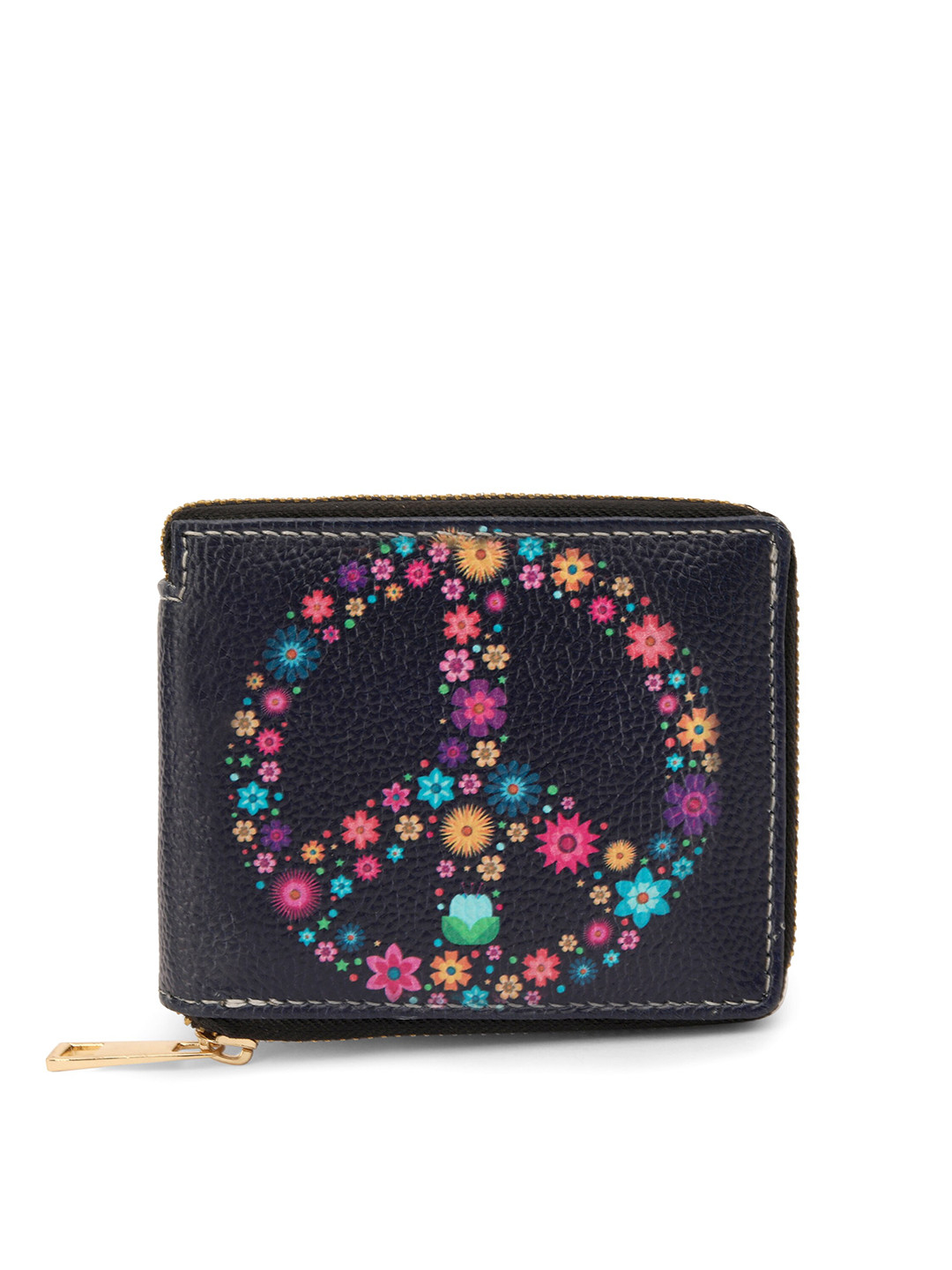 Buy TEAM 11 Women Black & Gold Toned Floral Printed Zip Around Wallet ...