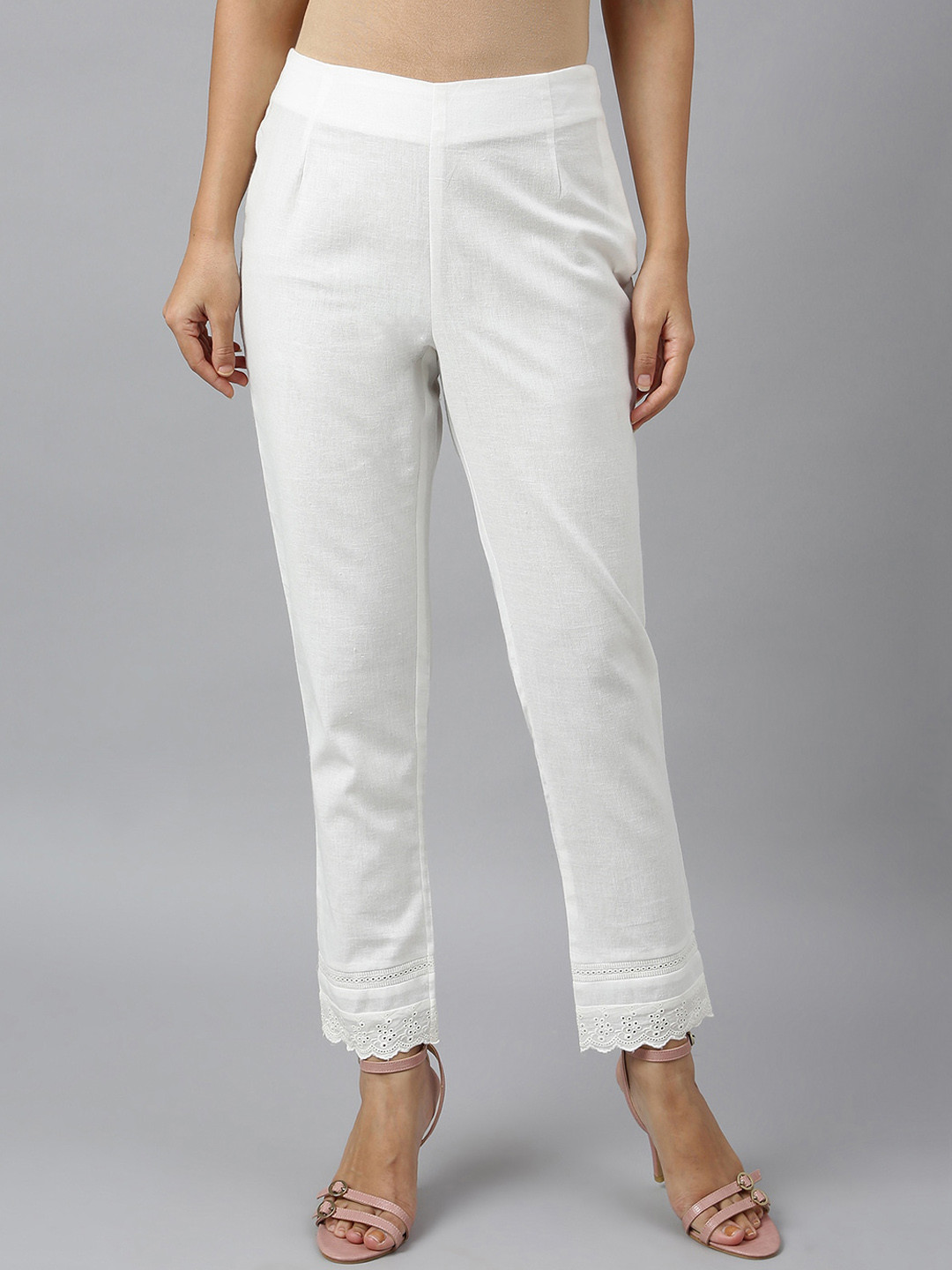 Buy W Women White Slim Fit Cotton Trousers - Trousers for Women ...