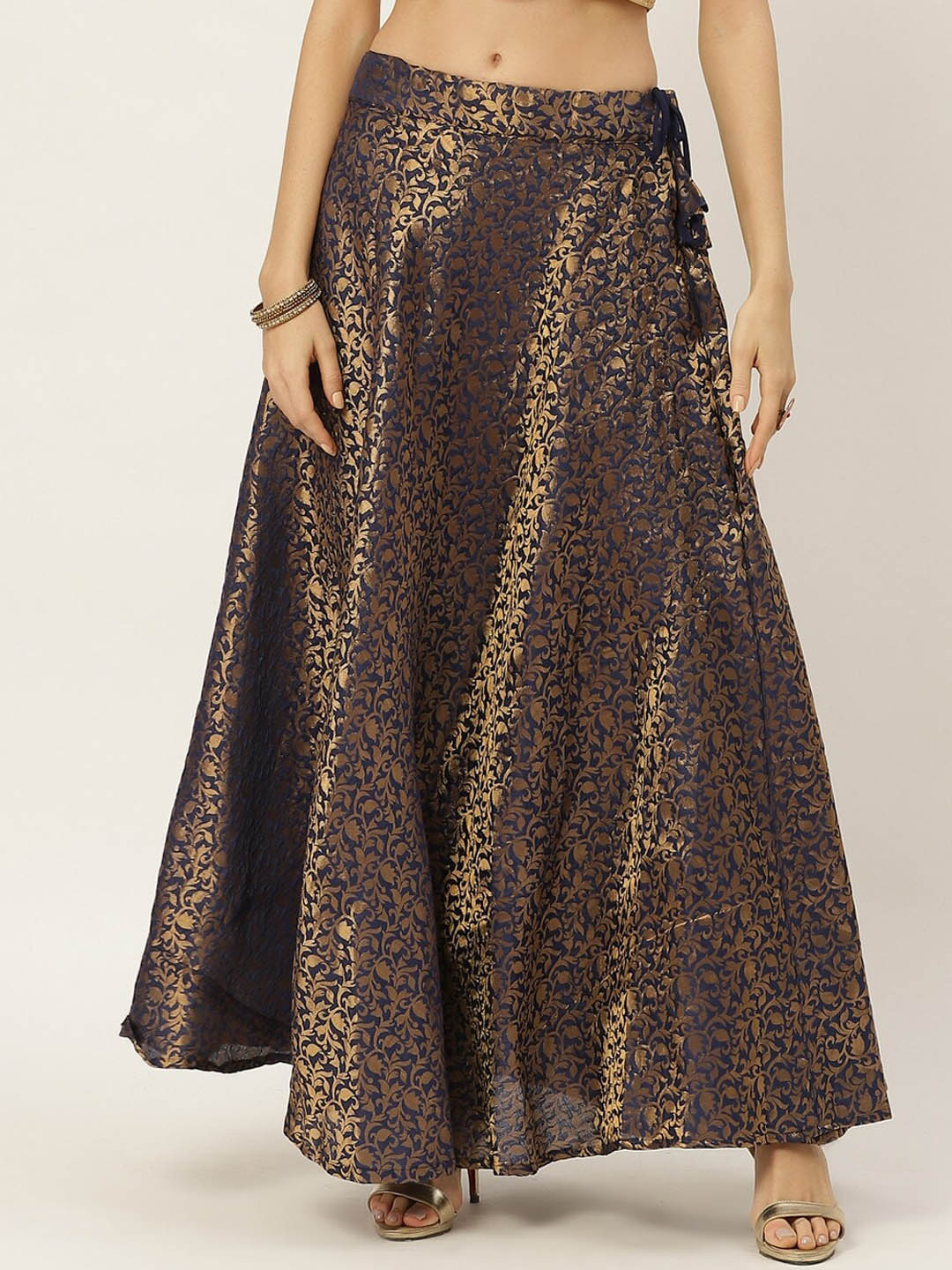 Buy Studio Shringaar Women Navy Blue & Copper Toned Brocade Flared Maxi ...