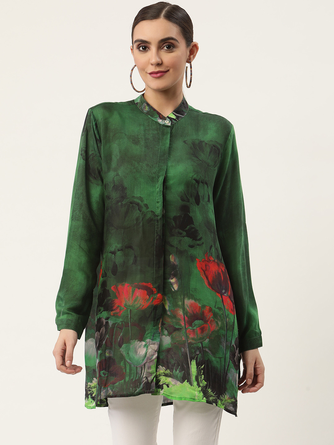 Buy CHIQUE Women Green Floral Printed Conceal Button Casual Shirt ...