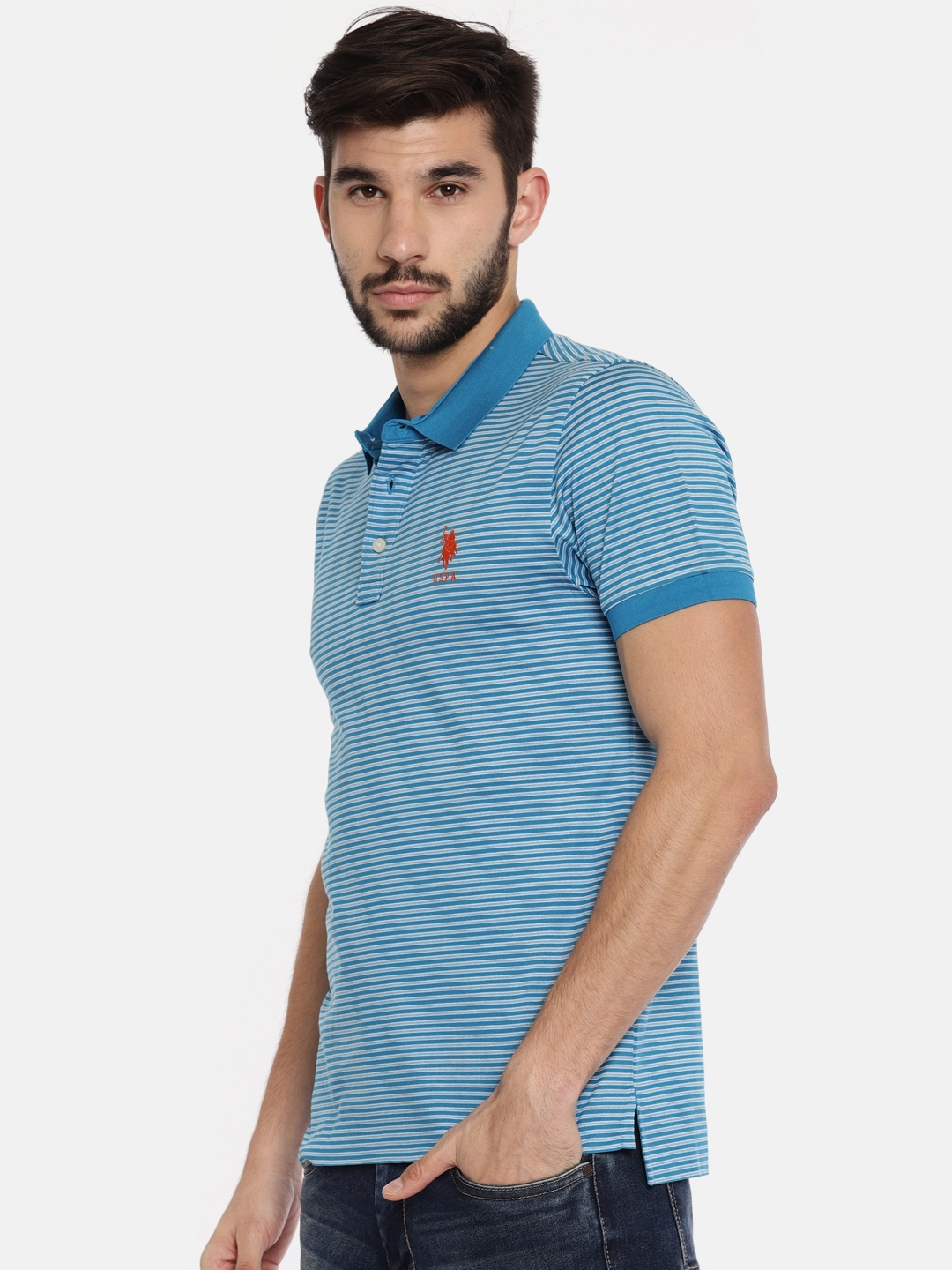 Buy U S Polo Assn Men Blue And White Striped Polo Collar T Shirt