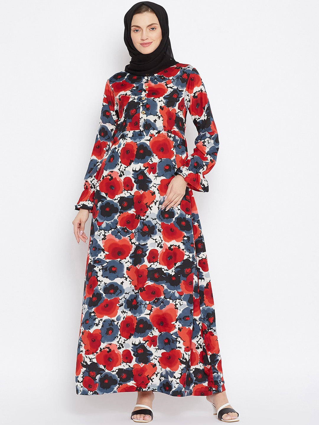 Buy NABIA Women Red & Black Printed Abaya Burqa - Burqas for Women ...