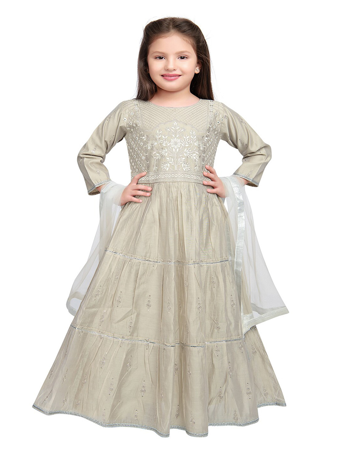 Buy BETTY Grey & Silver Toned Embellished Embroidered Net Ethnic Maxi ...