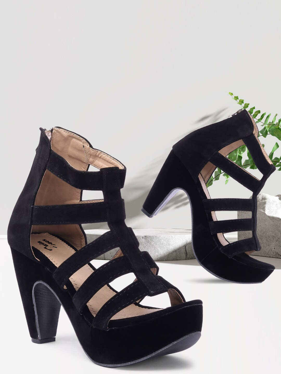 Buy TWIN TOES Black Velvet High Top Block Peep Toes - Heels for Women ...