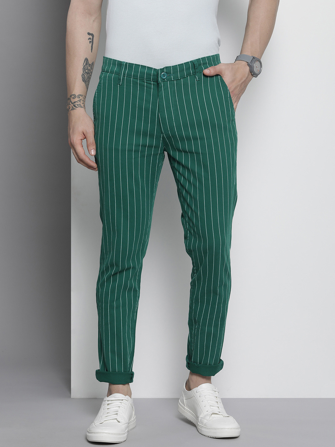 Buy The Indian Garage Co Men Green Striped Slim Fit Chinos - Trousers ...
