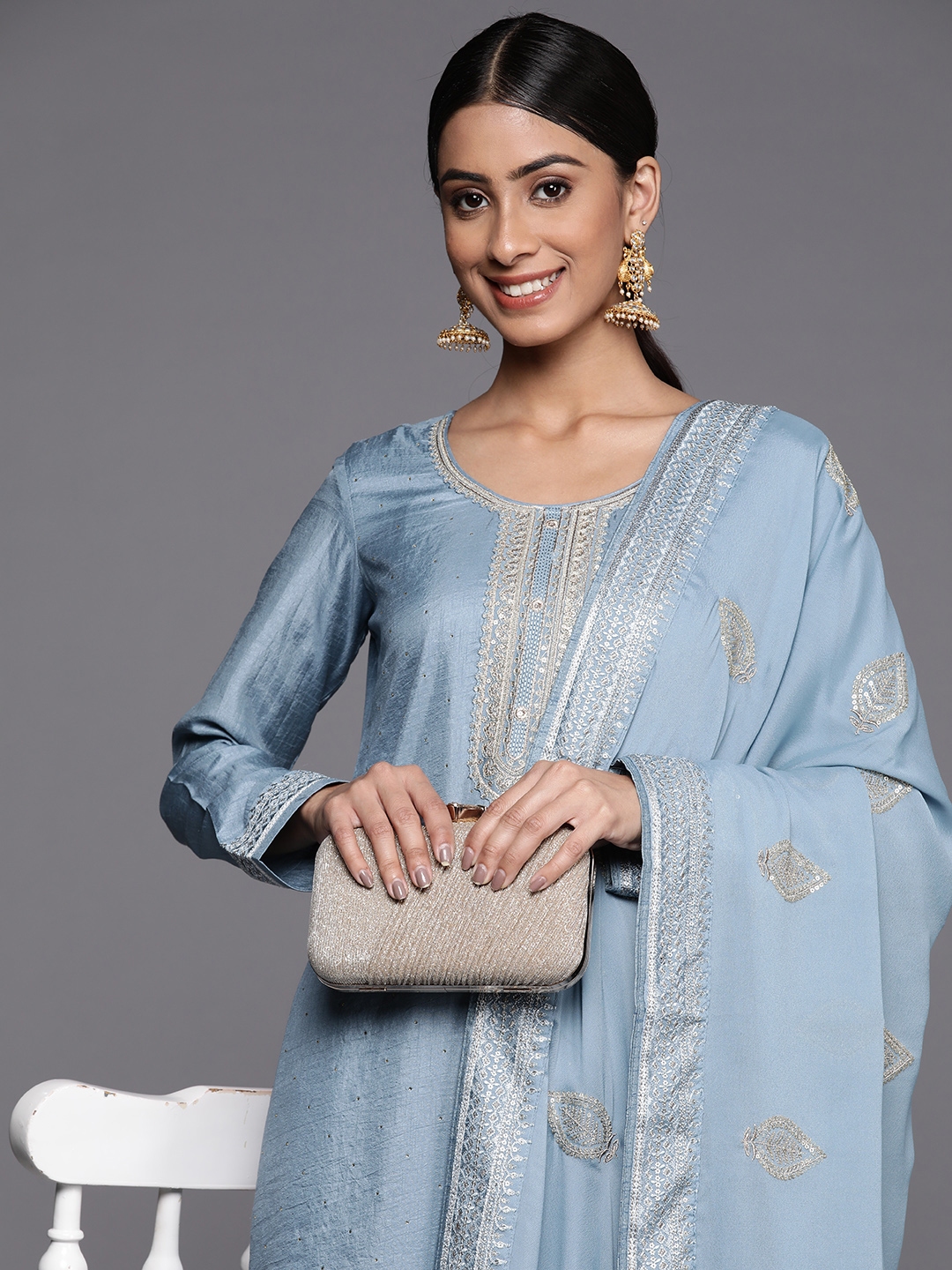 Buy Libas Women Blue Ethnic Motifs Yoke Design Sequinned Kurta With
