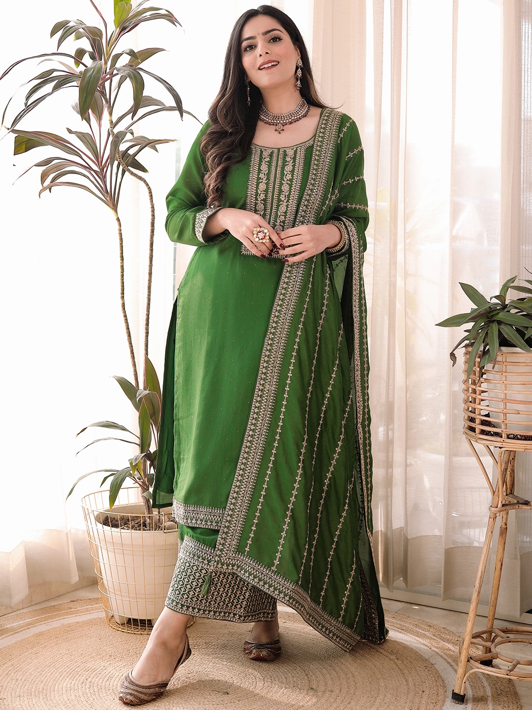 Buy Libas Women Green Floral Yoke Design Kurta With Palazzos And With