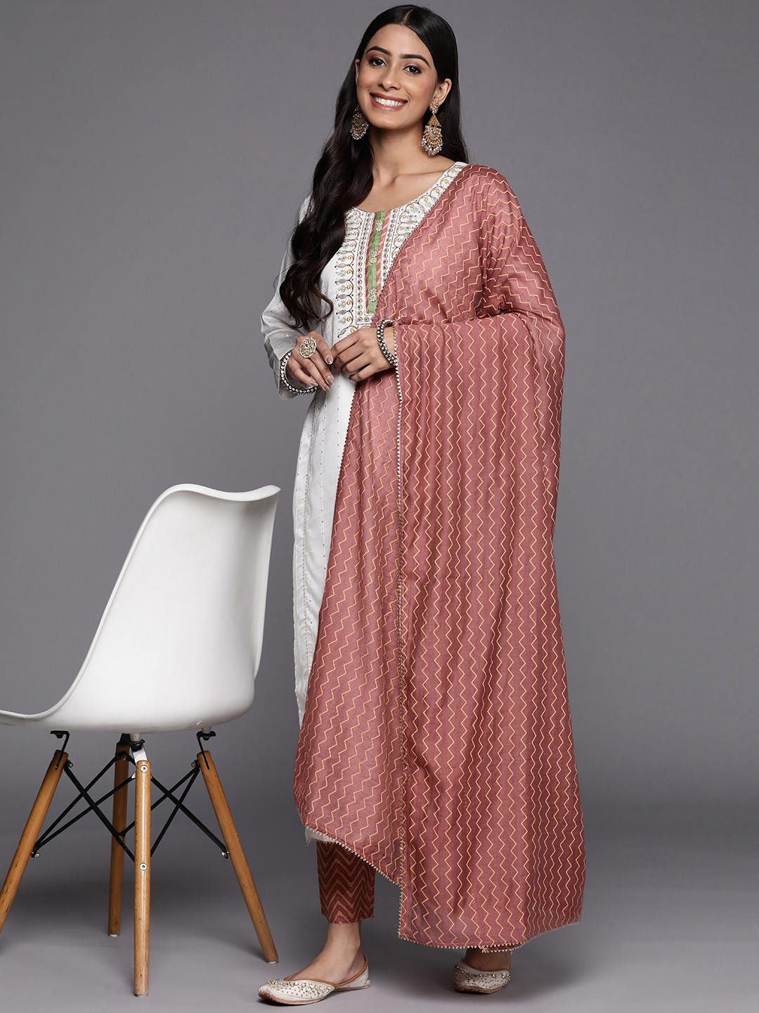 Buy Libas Women White Ethnic Motifs Yoke Design Sequinned Chanderi Silk Kurta With Trousers ...