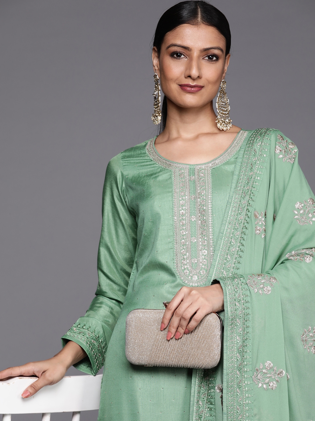 Buy Libas Women Green Floral Yoke Design Sequinned Kurta With Trousers
