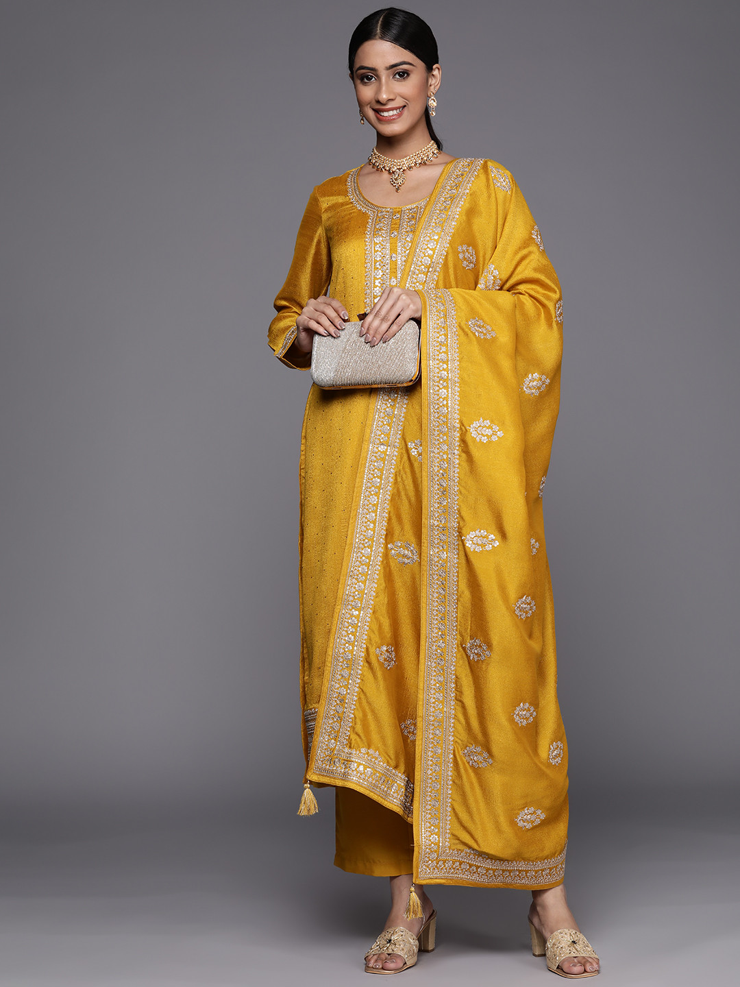 Buy Libas Women Mustard Yellow Floral Motifs Sequinned Kurta With ...