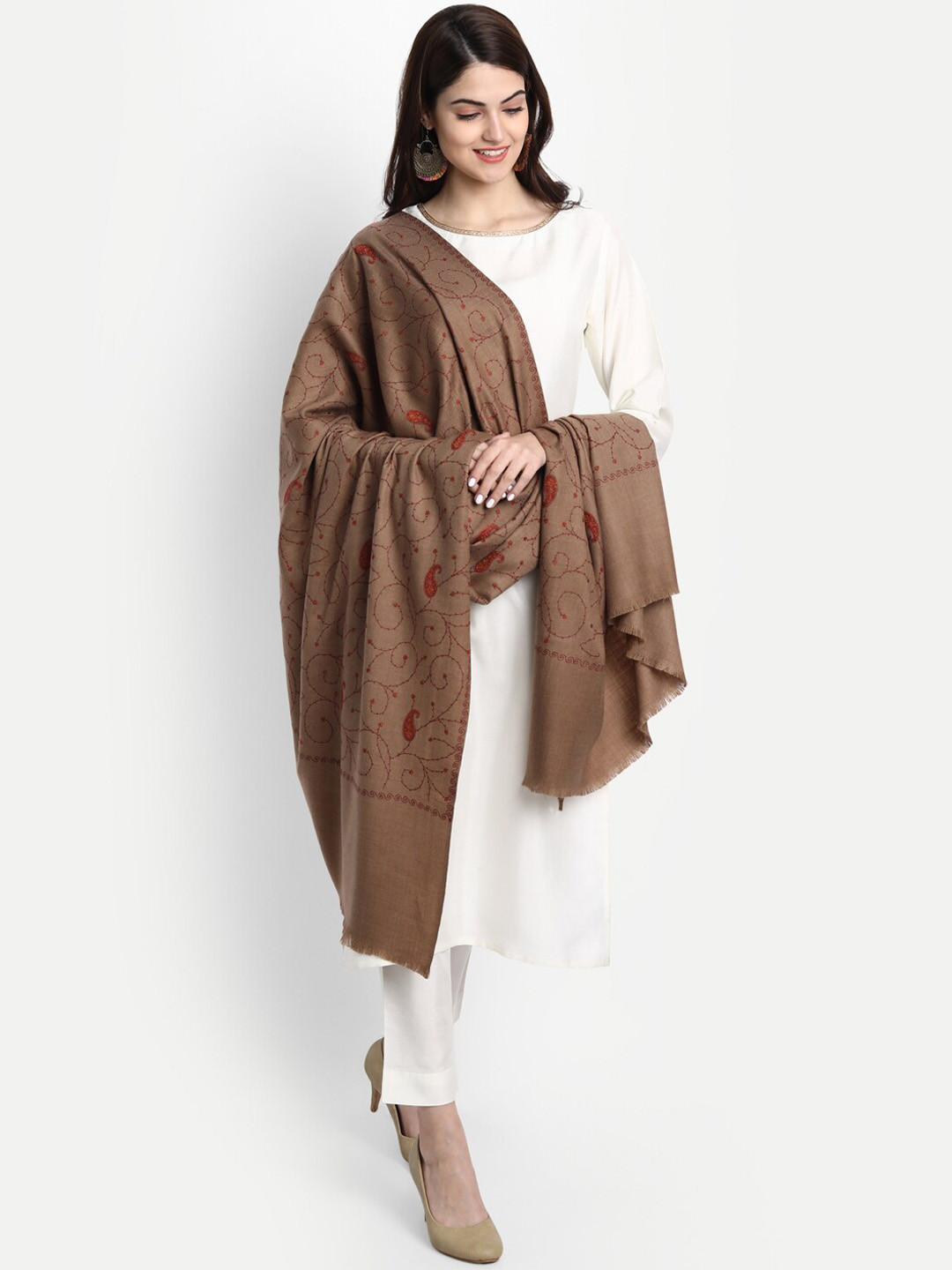 Buy Zamour Women Brown Embroidered Wool Shawl - Shawl for Women ...