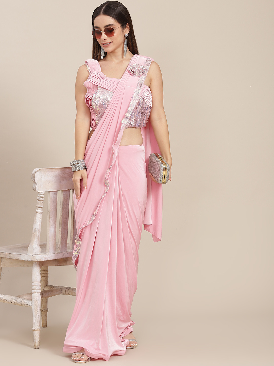 Buy SAARYA Woman Pink Embellished Satin Ready To Wear Saree - Sarees ...