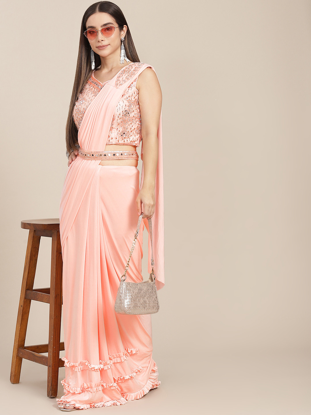 Buy SAARYA Woman Peach Coloured Embellished Satin Ready To Wear Saree ...