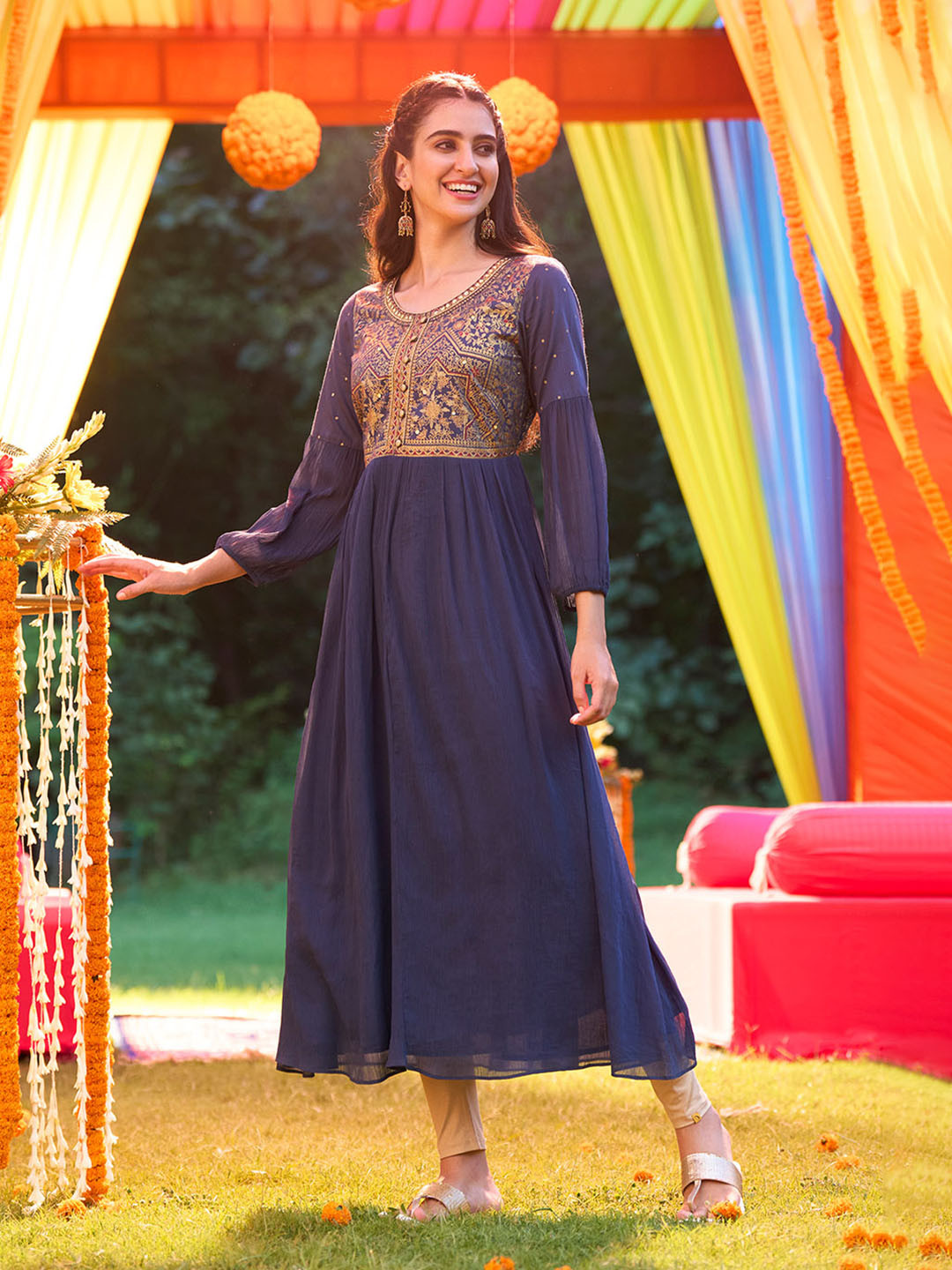 Buy AURELIA Blue & Golden Foil Printed LIVA Maxi Dress - Dresses for ...