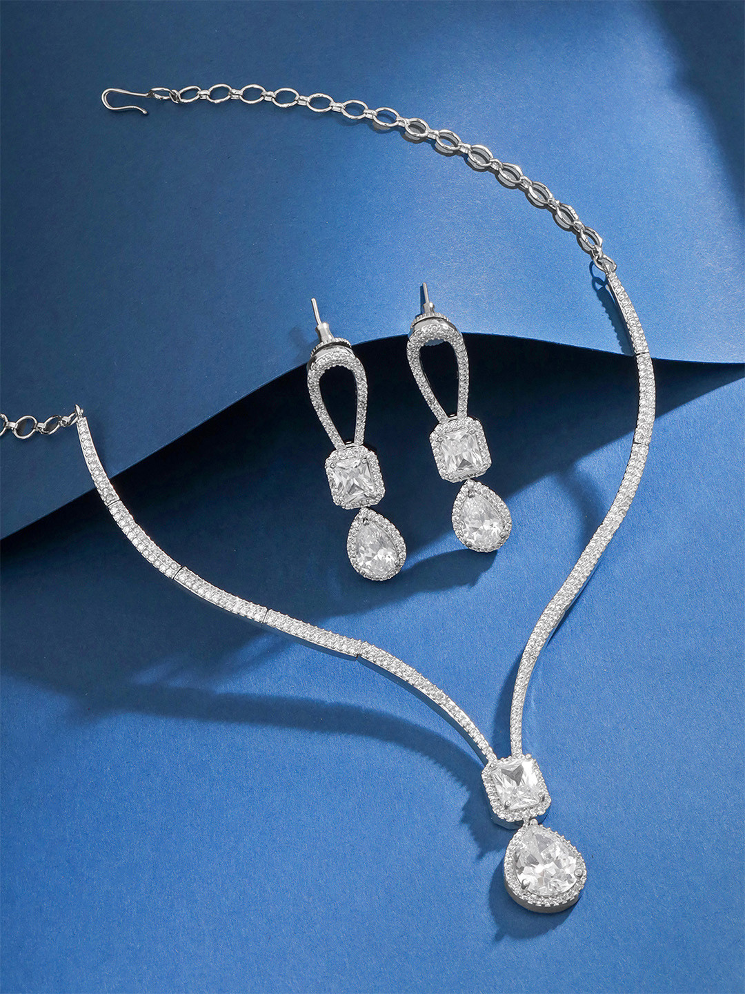 Buy Yellow Chimes Rhodium Plated American Diamond Studded Jewellery Set ...