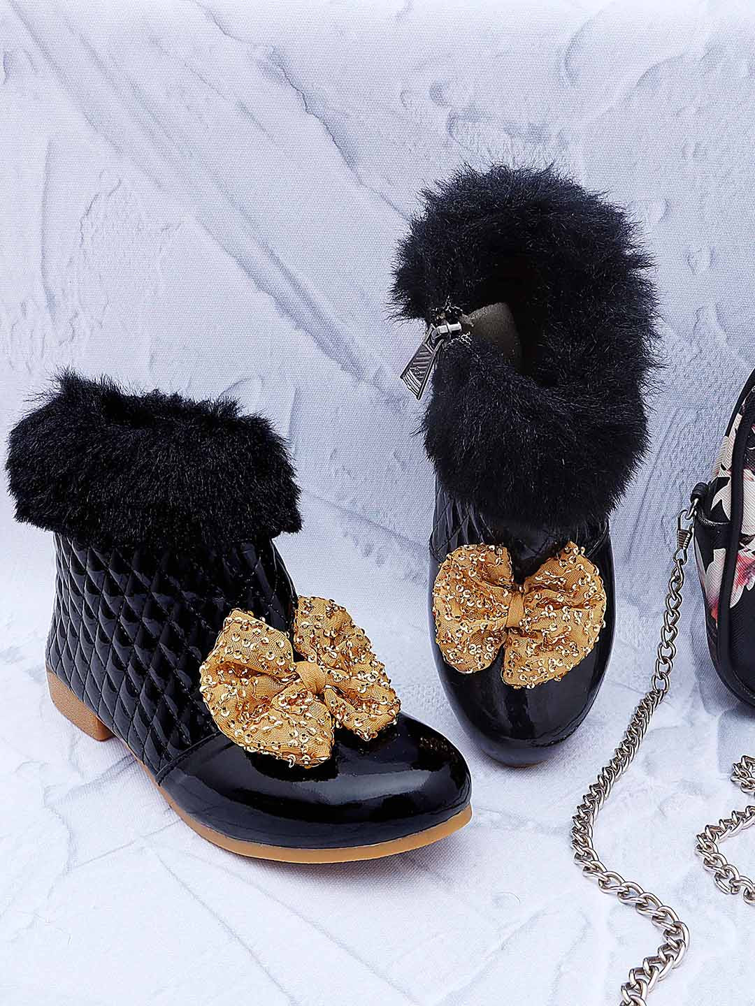 Buy DChica Girls Black Boots With Bow Applique - Boots for Girls ...