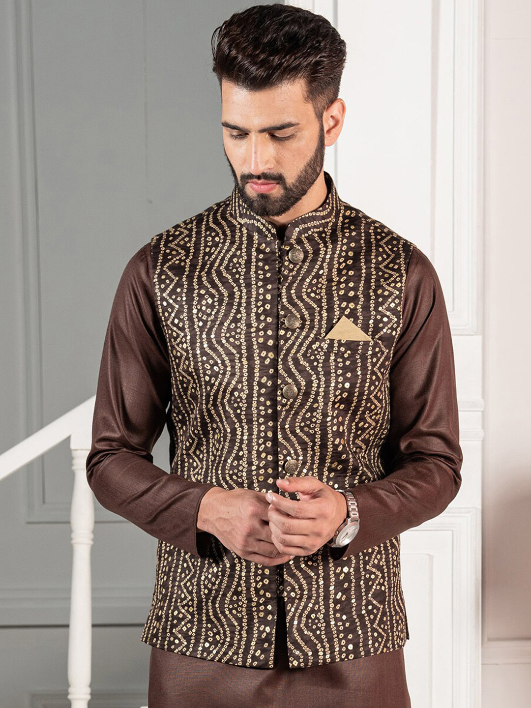 Buy KISAH Men Brown Printed Cotton Nehru Jacket - Nehru Jackets for Men ...