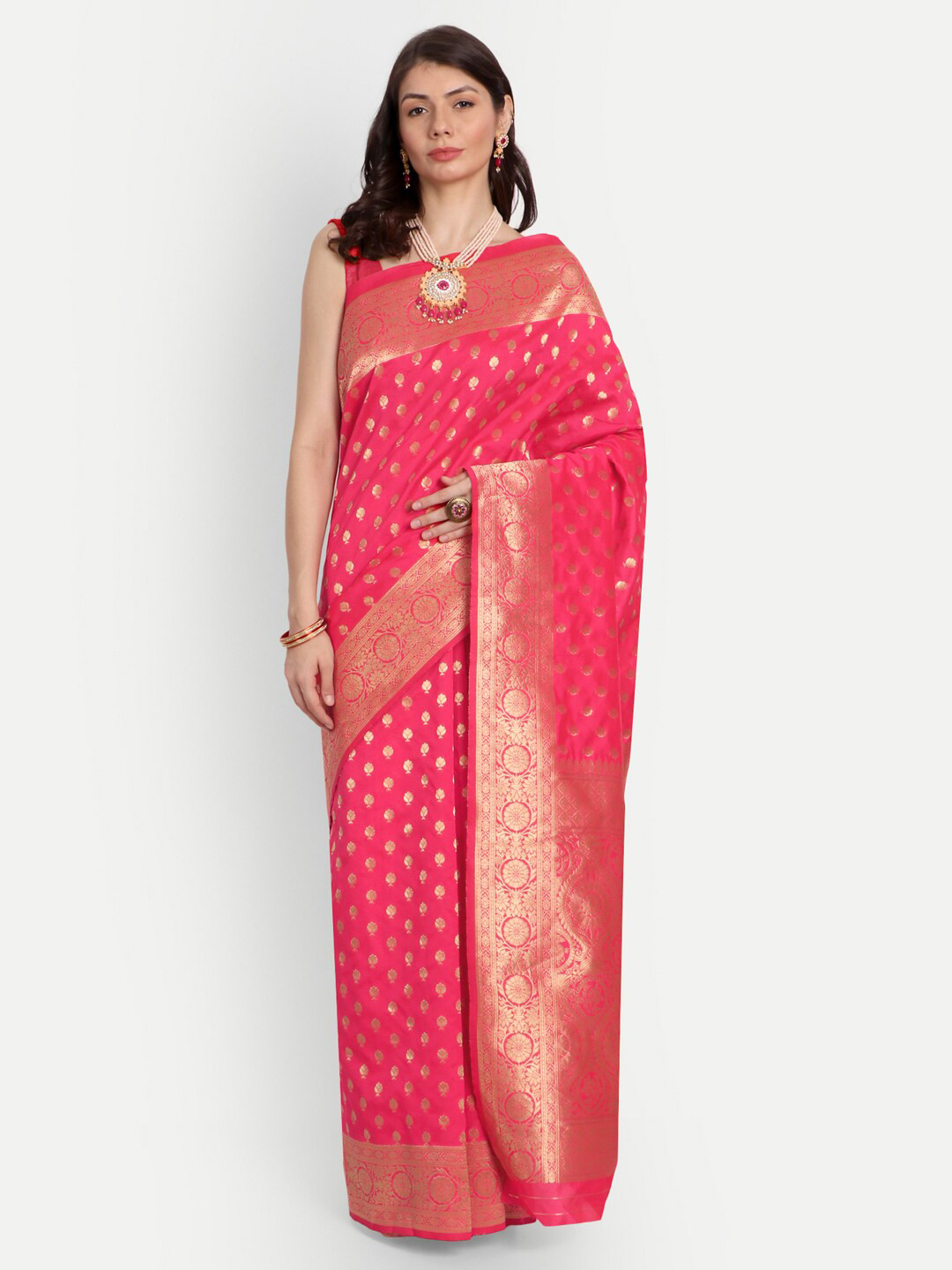 Buy RIVAMA Pink & Gold Toned Floral Zari Silk Cotton Banarasi Saree ...