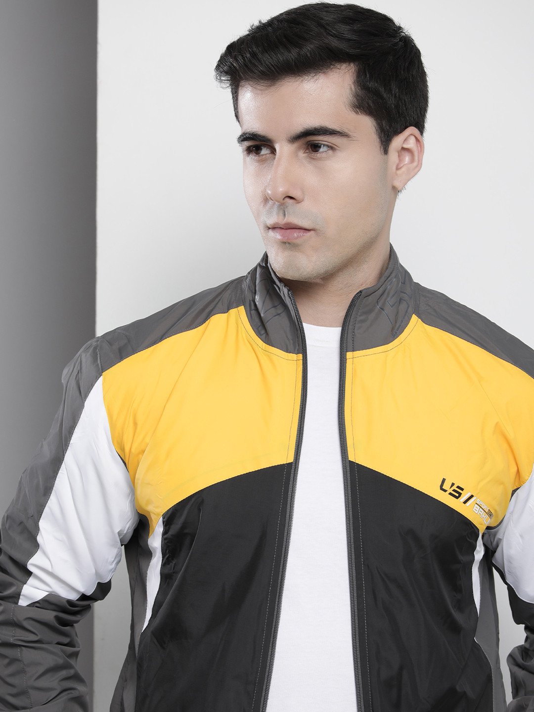 Buy The Indian Garage Co Men Grey & Yellow Colourblocked Windcheater ...