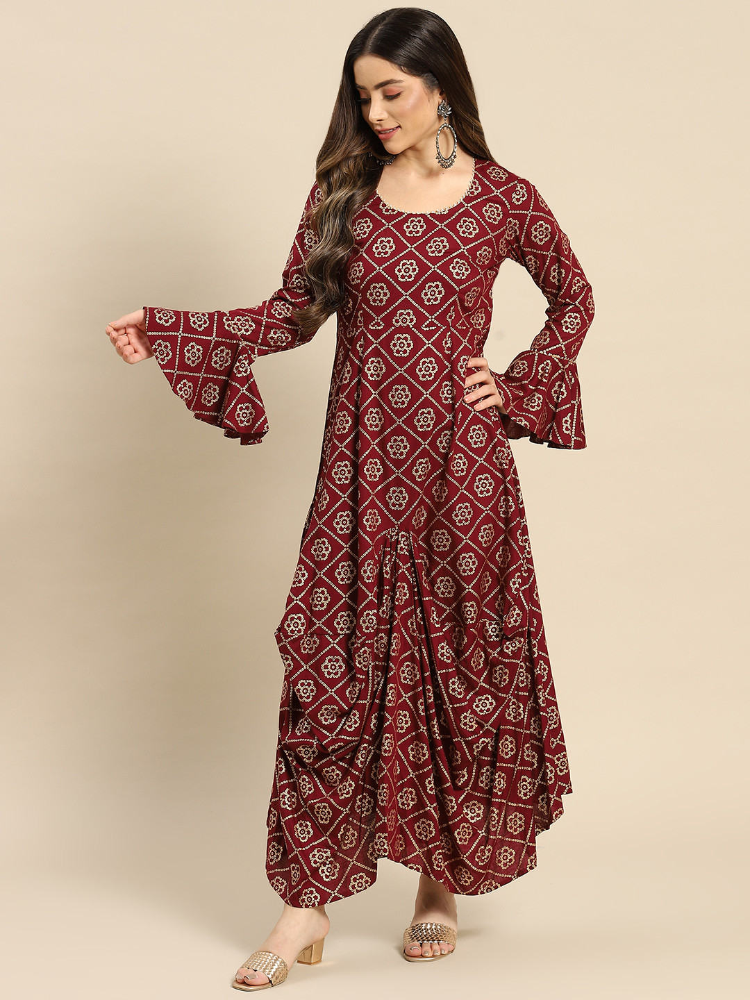 Buy MABISH By Sonal Jain Maroon Ethnic Motifs Maxi Dress - Ethnic ...