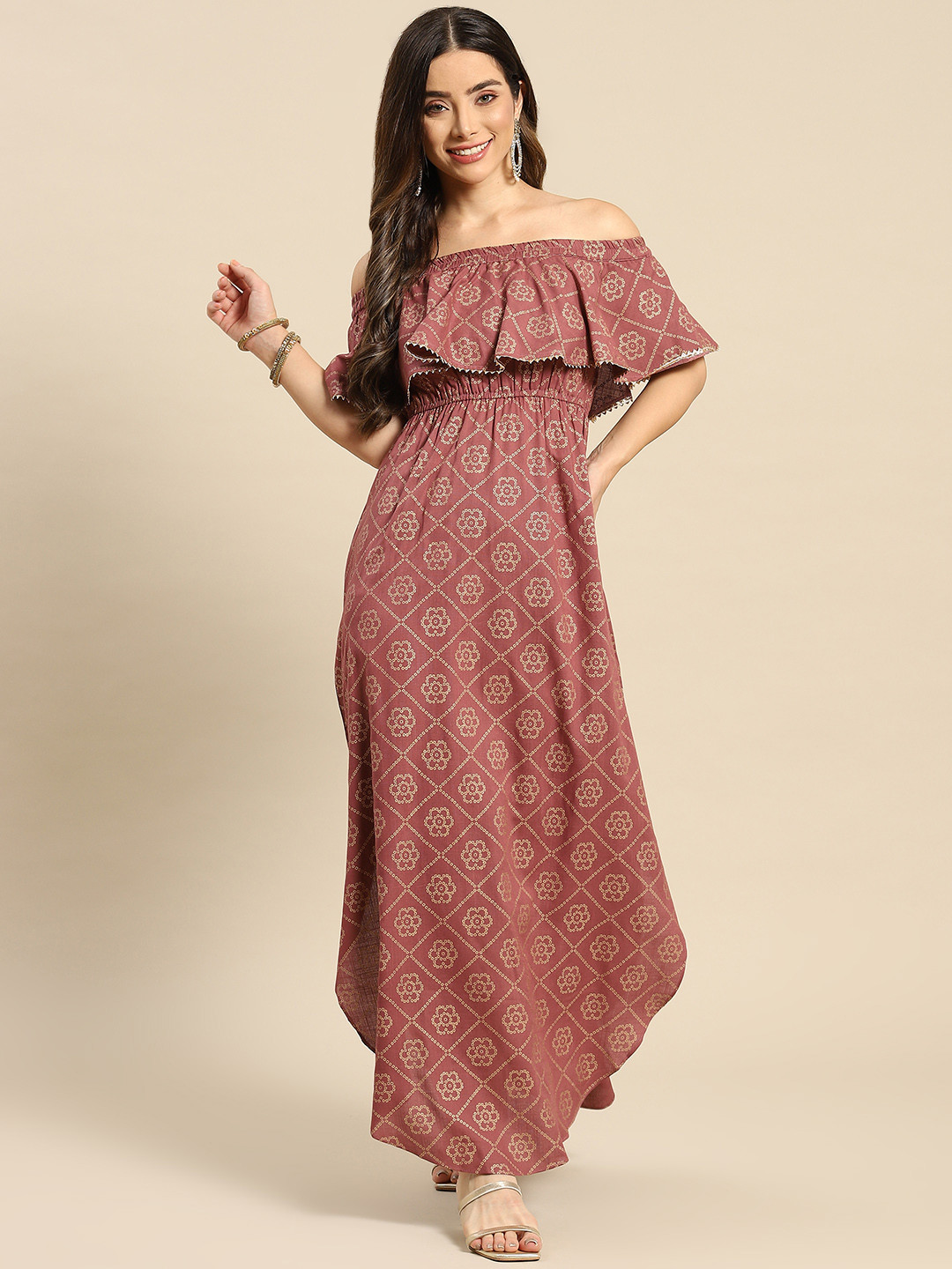 Buy MABISH By Sonal Jain Off Shoulder Layered Ethnic Maxi Dress ...