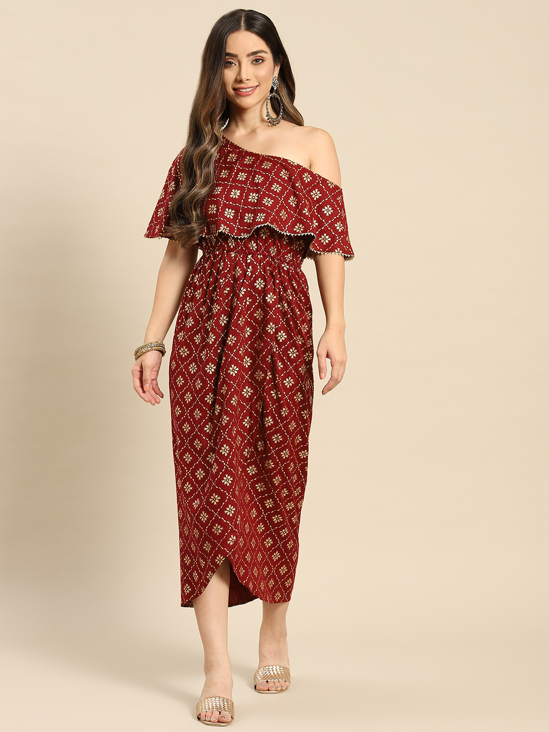 Buy MABISH By Sonal Jain Maroon Floral Off Shoulder Layered Midi Dress ...