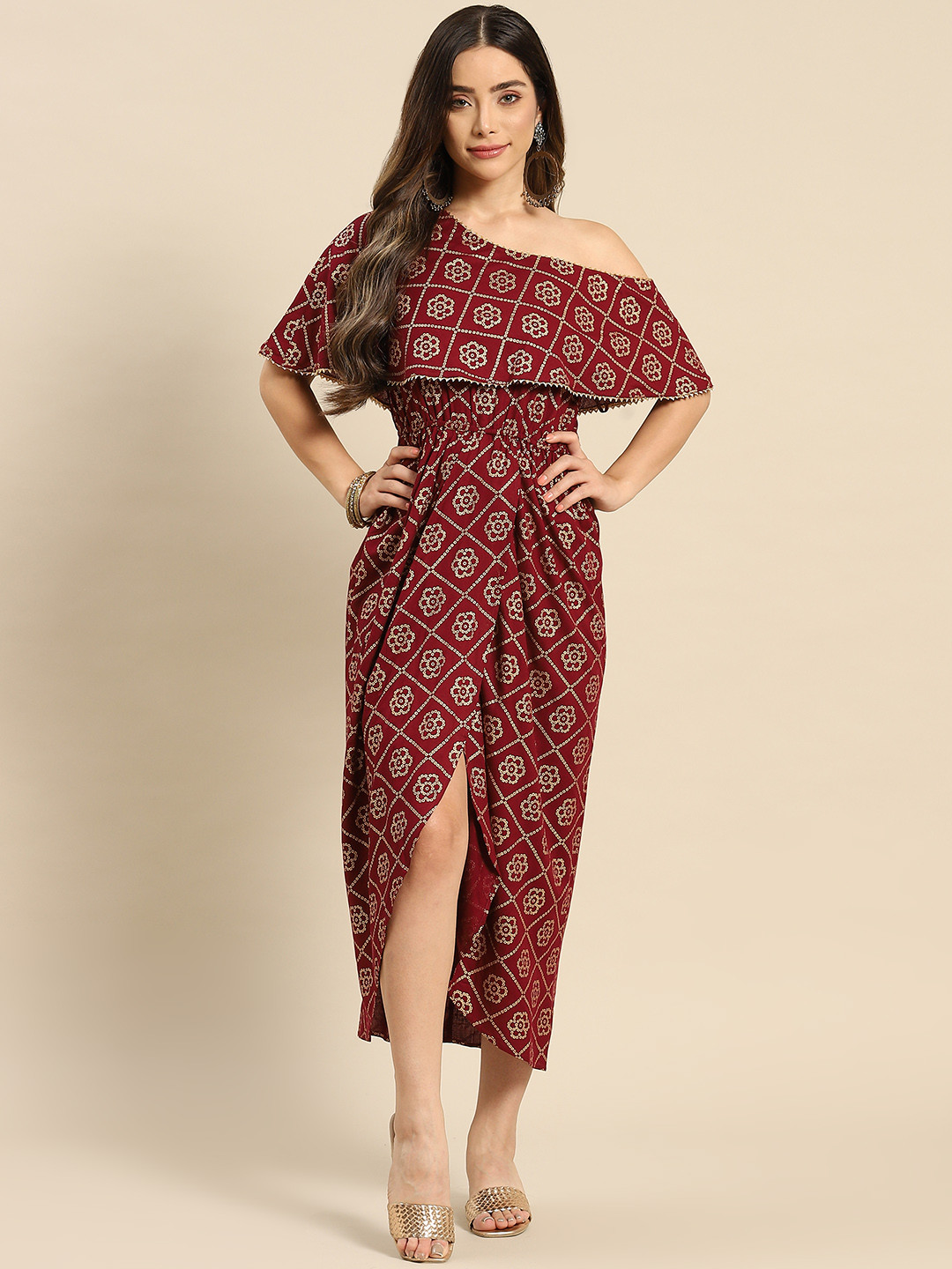 Buy MABISH By Sonal Jain Printed One Shoulder Layered Tulip Hem Ethnic ...