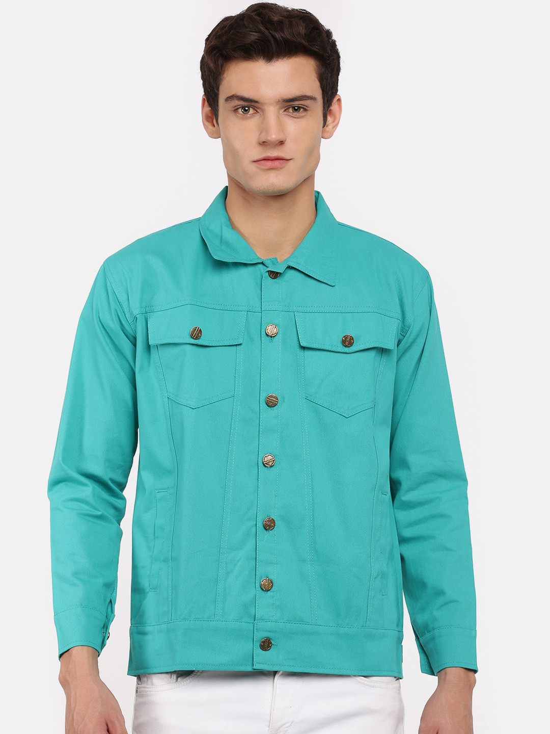Buy VOXATI Men Turquoise Blue Solid Denim Jacket - Jackets for Men ...