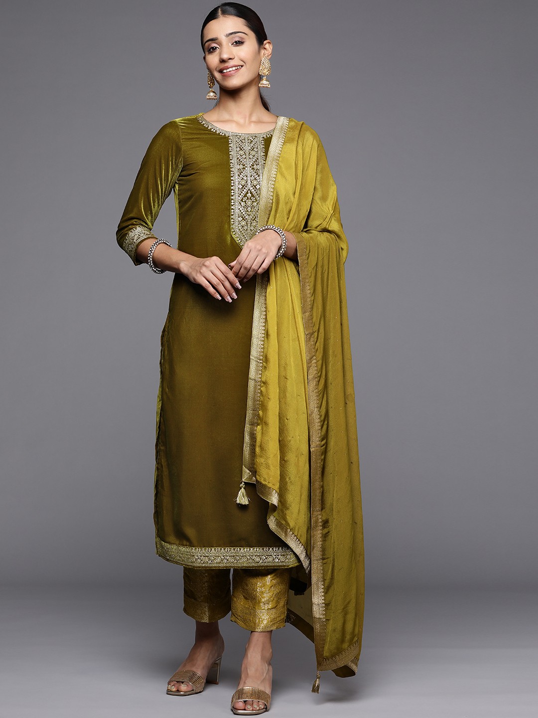 Buy Libas Women Olive Green Floral Yoke Design Velvet Kurta With