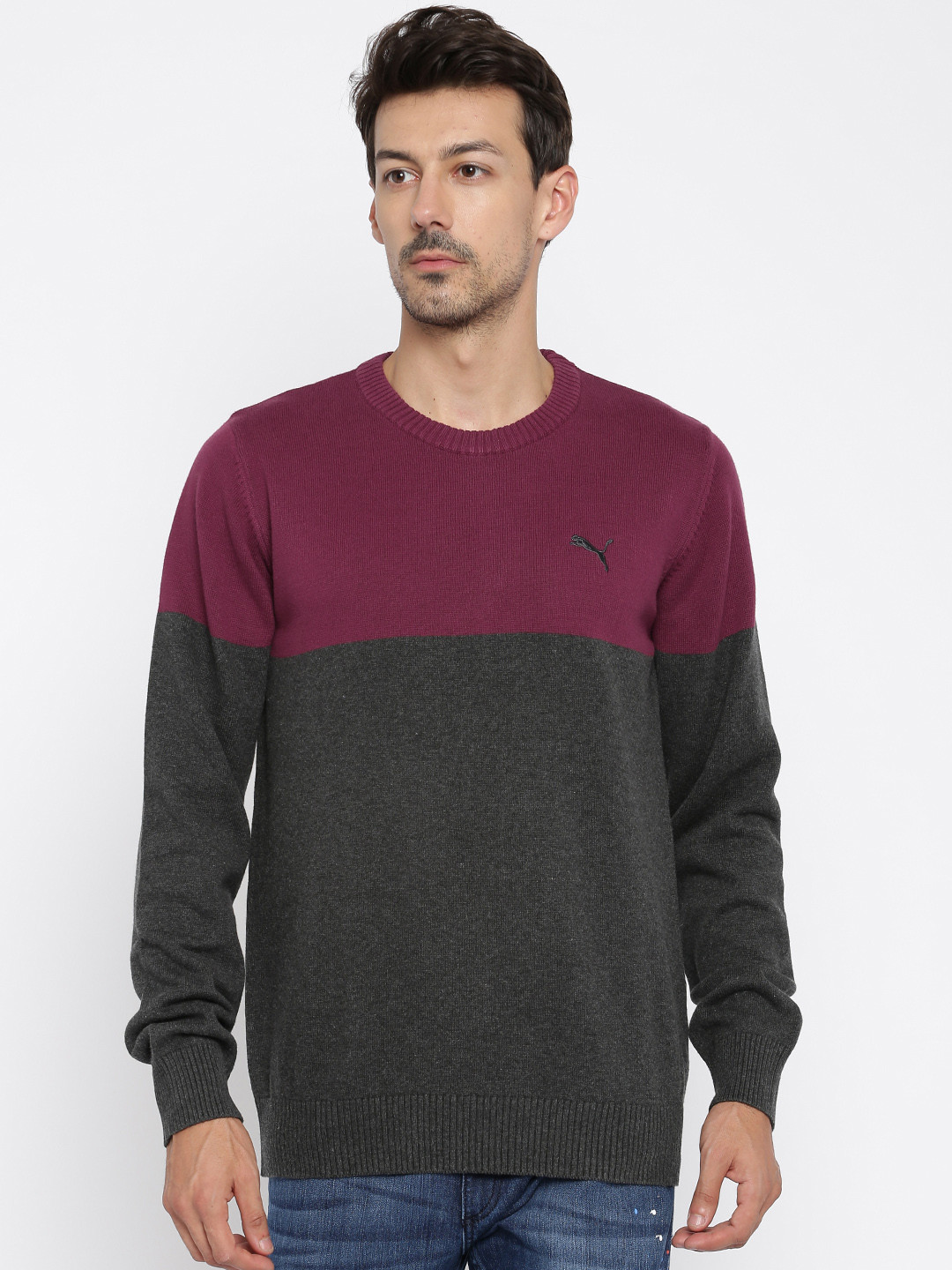 Buy PUMA Men Grey & Magenta Colourblocked Sweater - Sweaters for Men ...