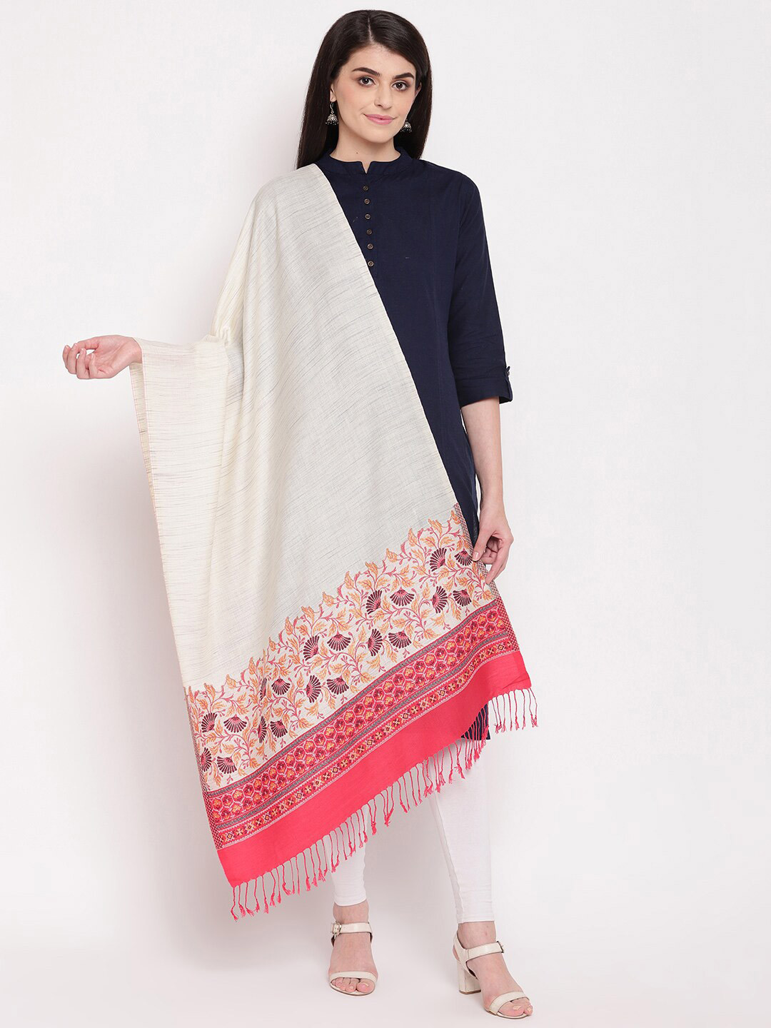 Buy HK Colours Of Fashion Women Off White & Pink Woven Design Stole ...