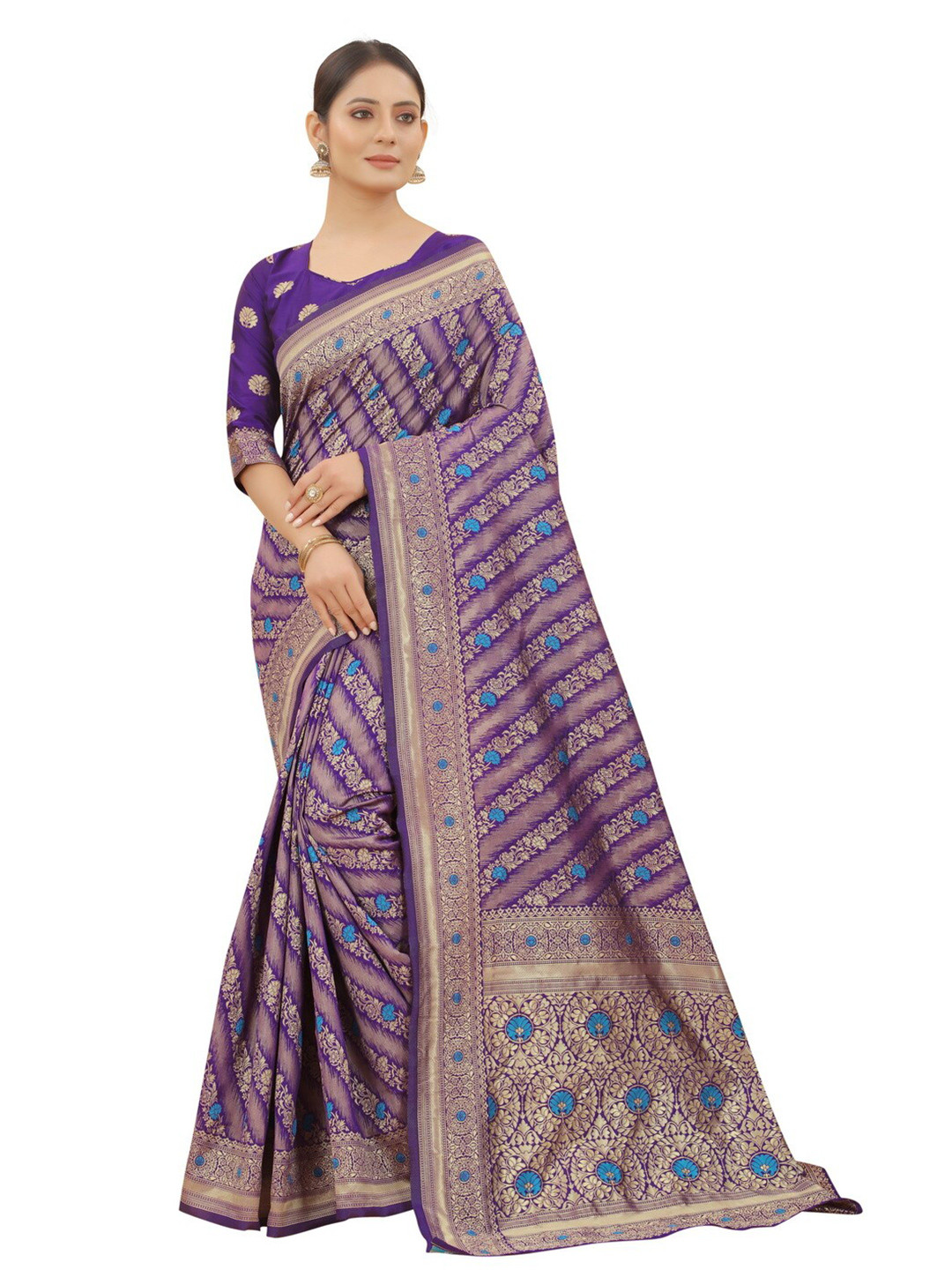 Buy MOKSHA DESIGNS Purple & Blue Woven Design Zari Pure Silk Paithani ...